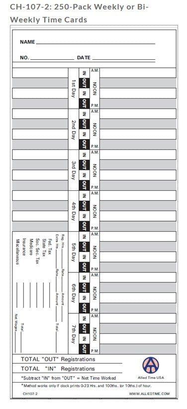 CH-107-2: 250-Pack Weekly or Bi-Weekly Time Cards – Allied Time USA